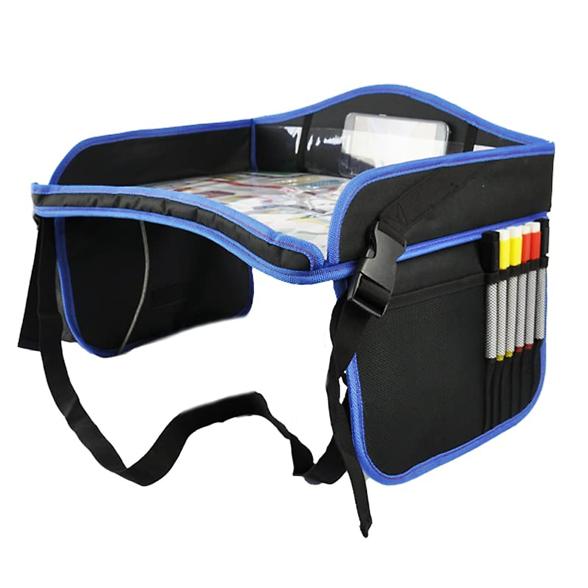 New Kids Travel Tray for Car Roadtrip, Fits in Airplane and Baby Carseats, Waterproof Top, Side Pockets & Bottle Holder, 16.9 x 12.6 Inches (Blue/Black)