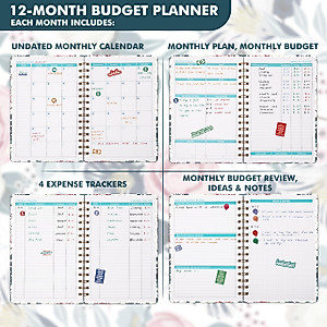 Budget Planner - Budget Book and Organizer With Expense Tracker Notebook, 6.3" x 8.4" Undated Bill Organizer with Pocket +Hardcover + Stickers +Premium Paper + Pen Holder - Floral