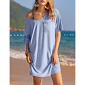 Ekouaer Sleep Shirts for Women Oversized Night Shirts V Neck Loose Nightgowns Sleepwear for Women Light BlueXXL