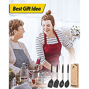 Pack of 4 Silicone Cooking Utensils Set, Non Stick Large Solid Spatulas, Heat Resistant Black Slotted Spoons, Ideal BPA Free Kitchen Turners for Frying, Mixing,Serving,Draining,Turning,Stirring