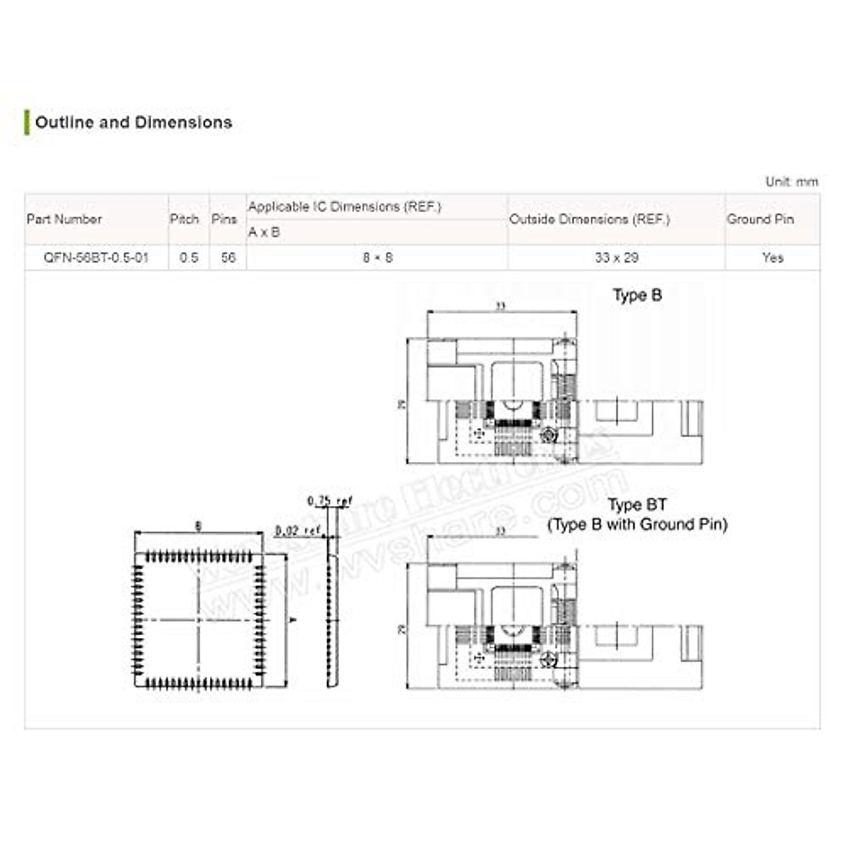 QFN56 Clamshell Programming Adapter Socket/Burning Socket/IC Test Socket QFN-56BT-0.5-01, 56-Pin, 0.5mm Pitch, IC Test Burn-in Socket, Applied to QFN56, MLP56, MLF56 Packages.