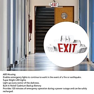 Led Exit Signs With Emergency Lights, Red Emergency Signage AC85 to 265V Emergency Exit Sign With 2 Emergency Light for Schools, Churches, Hospitals