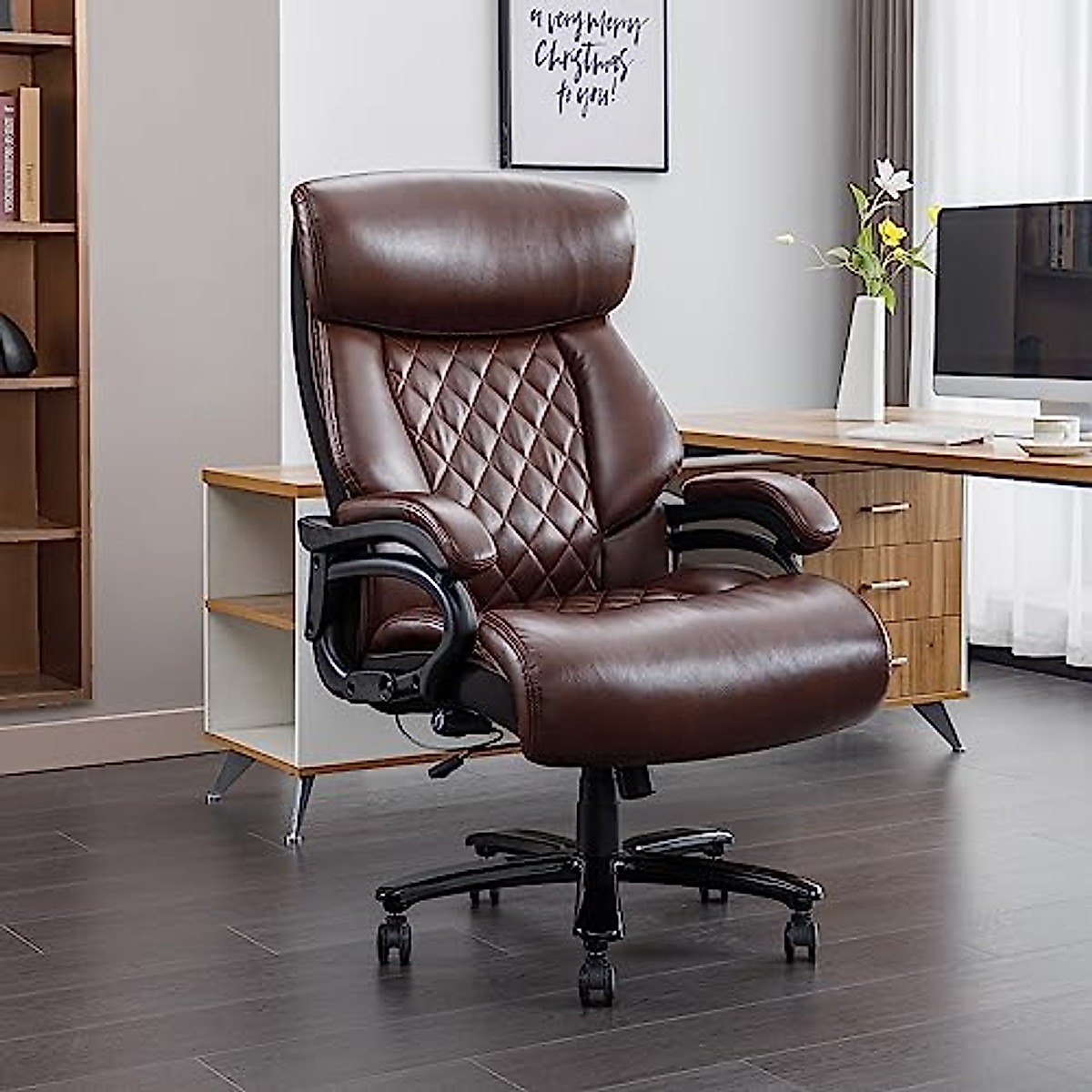 BOWTHY Big and Tall Office Chair 500lbs Heavy Duty Ergonomic Computer Desk Chair with Arms High Back Adjustable Lumbar Support 360 Swivel Task Chair Executive Leather Chair (Brown)