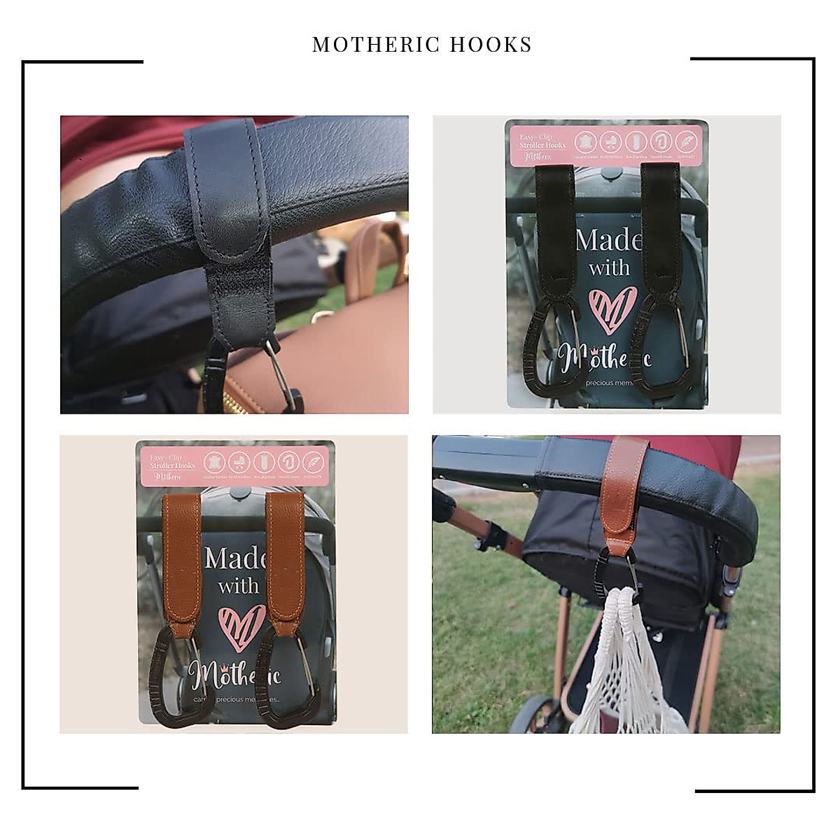 Genuine Leather Stroller Hook by Motheric - baby stroller leather hooks, stroller hooks for diaper bags, Leather Stroller Clips - 2Pcs - stroller bag hook - Black