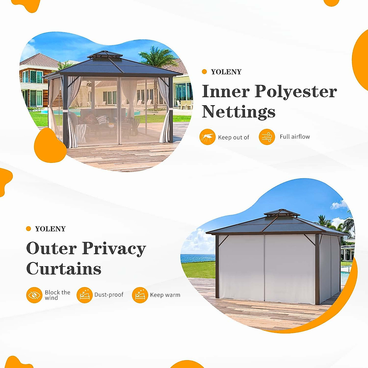 YOLENY 12'x12' Hardtop Gazebo, Outdoor Polycarbonate Double Roof Canopy, Aluminum Frame Permanent Pavilion with Curtains and Netting, Sunshade for Garden, Patio, Lawns