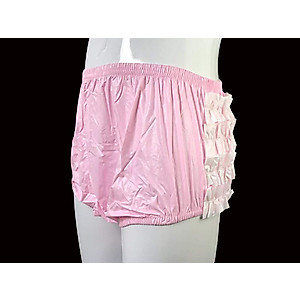 Haian Adult Frilly Plastic Rumba Incontinence Pull-on Plastic Pants with White PVC Frilly (Medium, Baby Pink)