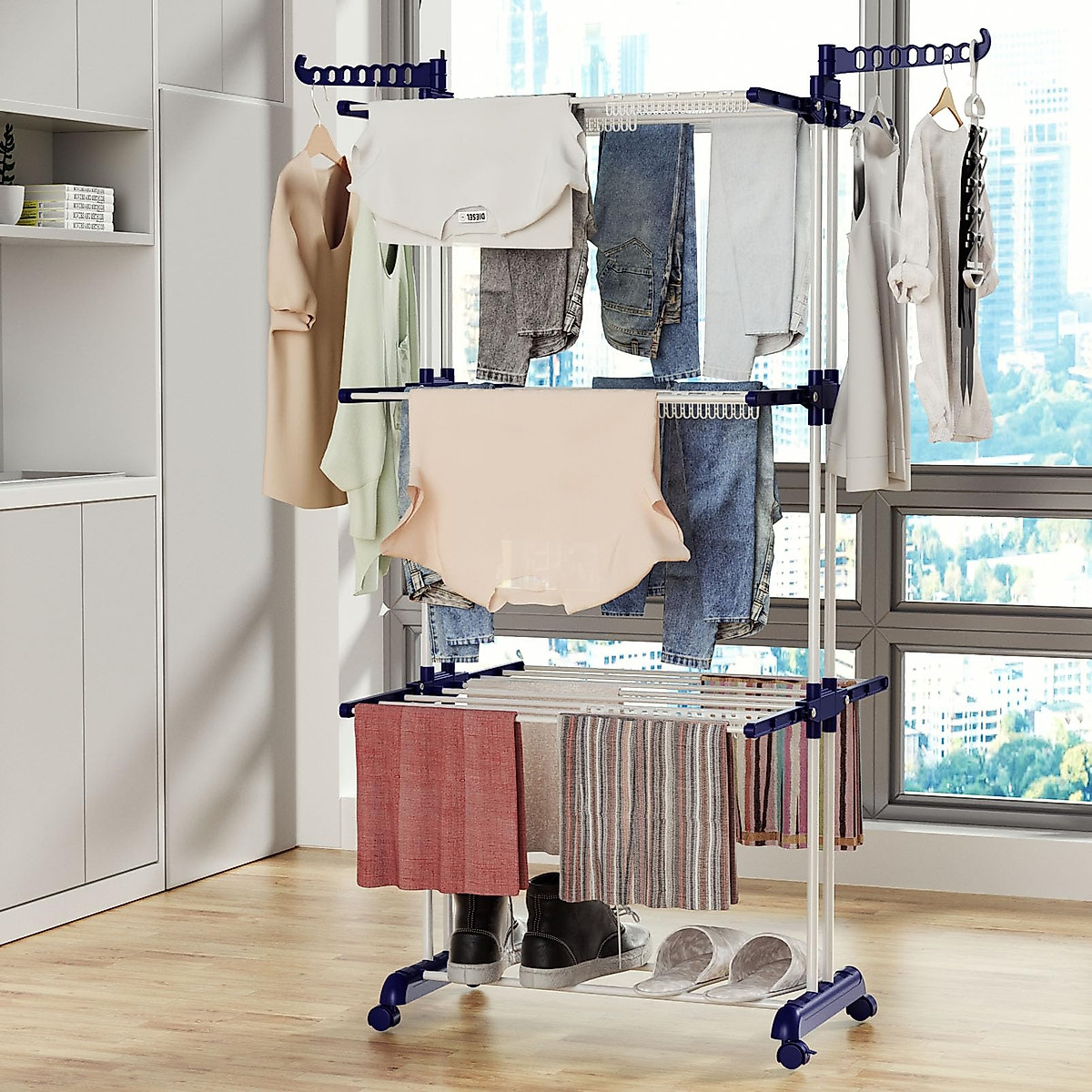 Rbitroise Clothes Drying Rack,Clothes Drying Rack Foldable,Drying Rack Clothing Folding,4-Tier Laundry Drying Rack for Clothes,Rolling Clothes Horses Dryer Rack,-Dark Blue