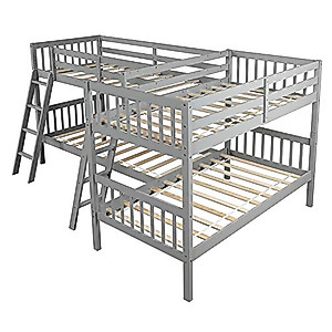 Harper & Bright Designs L Shaped Bunk Bed for 4, Quad Bunk Bed Twin Size, Wooden Bunk Bed Frame for Kids Teens Adults - Gray