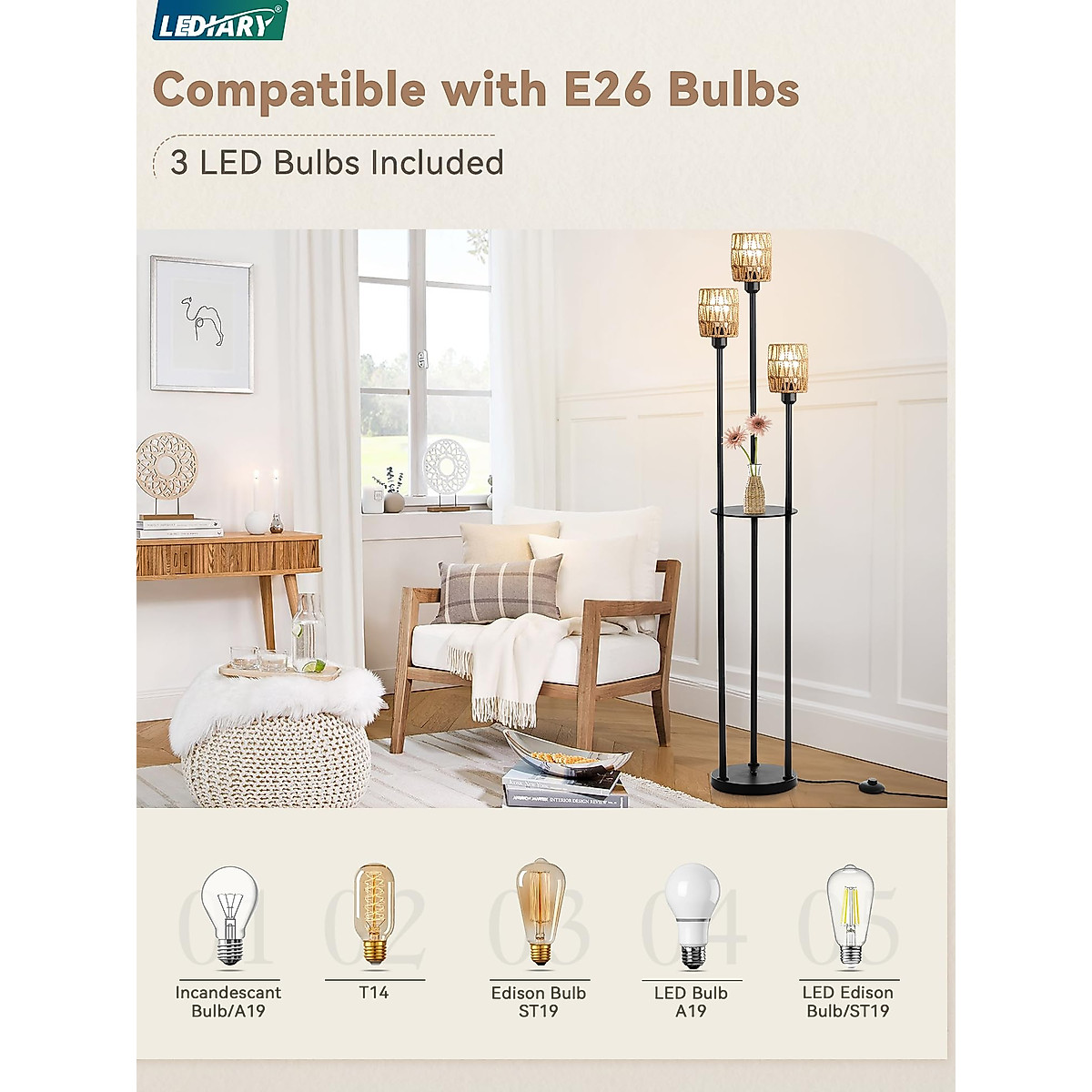 LEDIARY 65" Boho Floor Lamp for Living Room Rattan Floor Lamp with Shelves, 3 LED Bulbs Included Standing Lamp, Floor Lamp for Living Room, Bedroom, Office