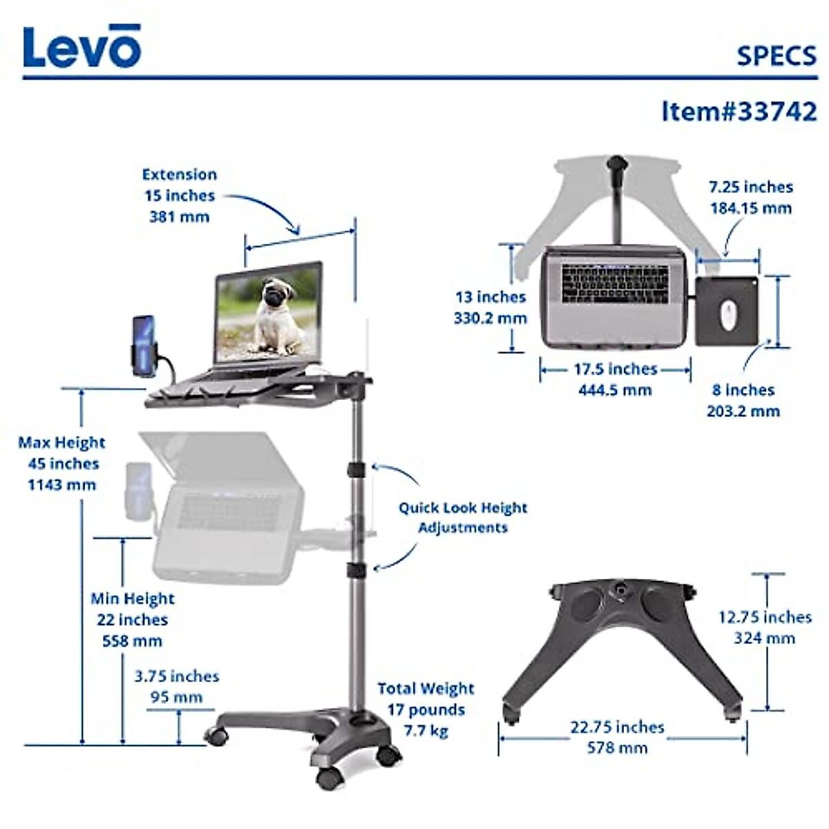 LEVO G2 V16 Mobile Laptop Stand Desk Rolling Cart with Phone Holder and Mouse Tray