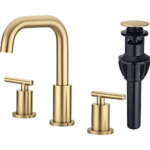 TRUSTMI Bathroom Faucet 2 Handle 8 Inch Brass Sink Faucet 3 Hole Widespread with 360 Degree Swivel Spout, cUPC Water Supply Lines and Overflow Pop Up Drain Included, Brushed Gold