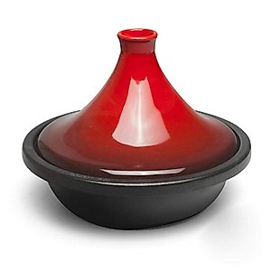 MYYINGBIN Moroccan Tagine Enameled Cast Iron Pot with Ceramic Lid Anti-Hot Silicone Gloves, Lead Free stew Pot Cookware, Red