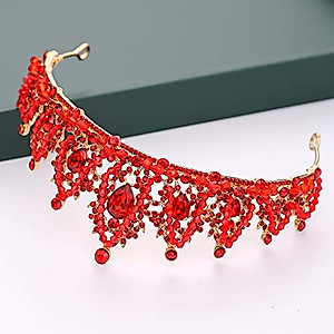 FORSEVEN Crystal Wedding Crown Rhinestone Headband Girls Princess Birthday Party Tiaras Bridal Wedding Accessories (Red)