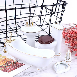 1:12 Dollhouse Miniature Porcelain Bathroom Set 5 PCS White Ceramic Toilet Basin Bathtub Mirror Miniature Furniture Doll Accessories for Bathroom Cake Topper Toy Fairy House Furniture Miniature Toys