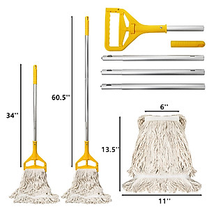 Yesland Commercial Mop with 2 Mop Heads, Industrial Cotton Mop with 61inch Long Handle, Heavy Duty Looped-End String Wet Mops for Cleaning Office Garage Hardwood Warehouse Factory Mall Deck