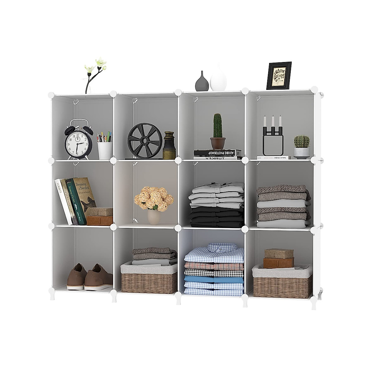 AWTATOS Cube Storage Organizer Modular Storage 12 Cube Bookshelf DIY Plastic Closet Clothes Storage Shelves with Wooden Mallet, Stackable Storage Solution for Home, Office, Bedroom, White