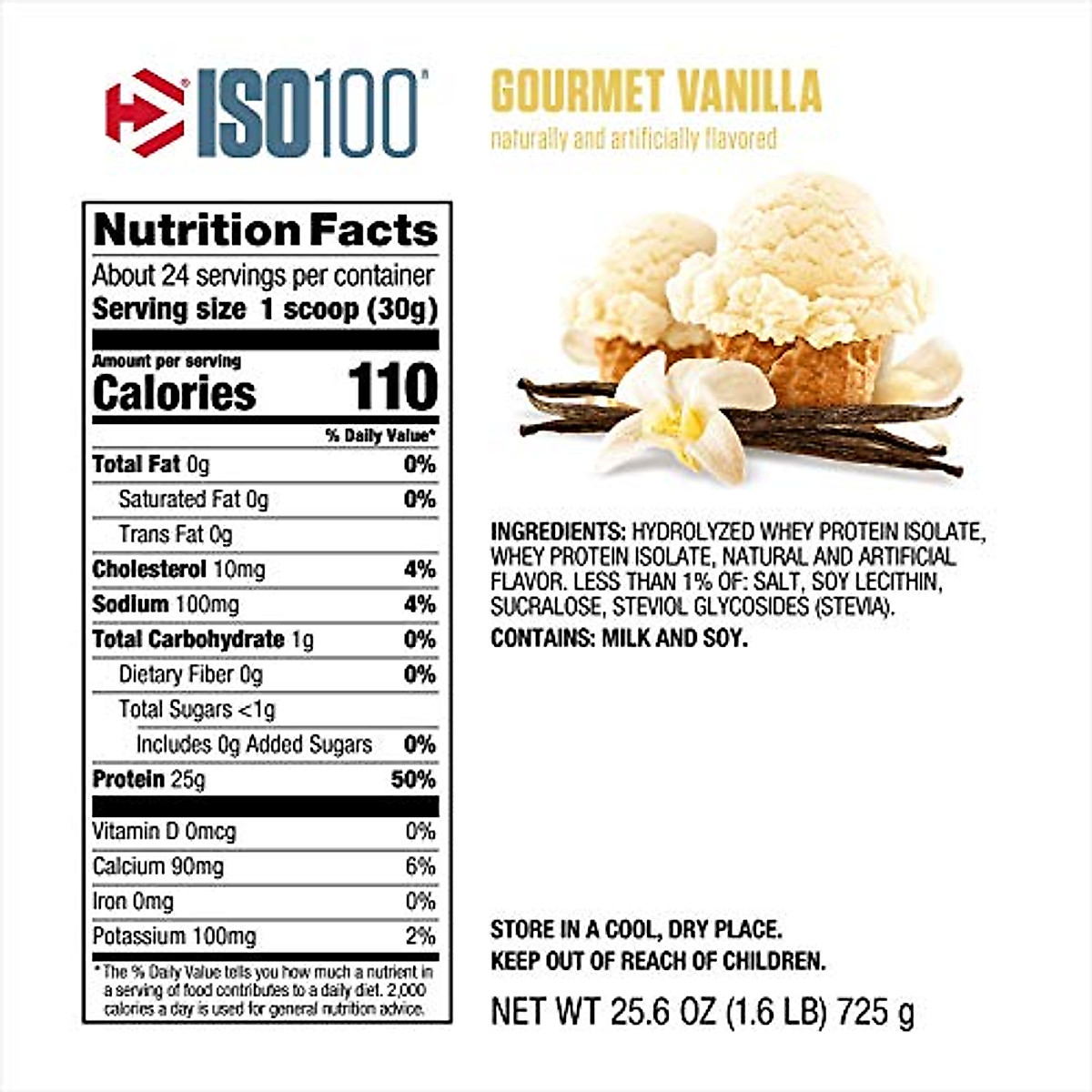 Dymatize ISO100 Hydrolyzed Protein Powder, White, Gourmet Vanilla, 25.6 Ounce