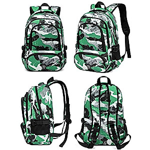 Boys School Backpack for Kids Elementary Middle School Bags for Teens Childs Camouflage Primary Book Bags Lightweight Durable Gifts Fourth Fifth Sixth Grade 17 Inch Ages 4.5.6.7.8.9.10 (Green)