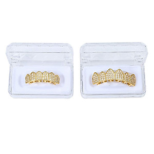 COLORFUL BLING 18k Gold Plated All Iced Out Luxury Cubic Zirconia CZ Teeth Grillz Set Top & Bottom Grill Removable Hip Hop Halloween Party Gothic Accessories with Extra Molding Bars-Gold Bottom