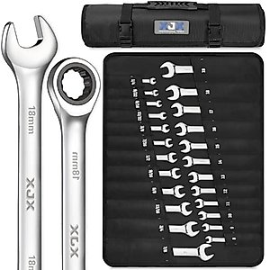 XJX 24PCS Ratcheting Combination Wrench Set | SAE & Metric | 12 Point | 1/4”to 7/8” and 8-19mm | CR-V Steel | Ratchet Wrenches Set with Portable Roll-Up Pouch