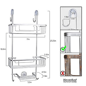 Duwee Over The Door Shower Caddy, NeverRust Aluminum Over the Shower Door Caddy, Hanging Shower Caddy for Shampoo Conditioner, 3 Tier Bathroom Shelf Organizer with Hooks for Razors Towels(Silver)