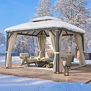 YOLENY 12'x12' Hardtop Gazebo, Permanent Outdoor Aluminum Patio Gazebo with Aluminum Composite Double Arc Roof for Patio Lawn and Garden, Curtains and Netting Included