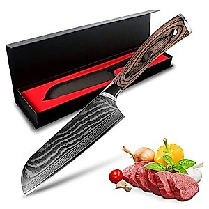 GOOD HELPER 7 Inch Santoku Knife High Carbon Damascus Kitchen Knives Stainless Steel Japanese Chef Knife Ergonomic Pakka Wood Handle Cuchillos Para Cocina with Gift Box