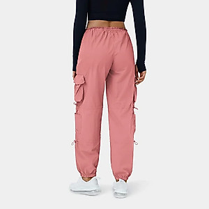 QYANGG Baggy Parachute Pants for Women& Girls Drawstring Elastic Low Waist Ruched Cargo Pants Multiple Pockets Jogger Y2K Pink