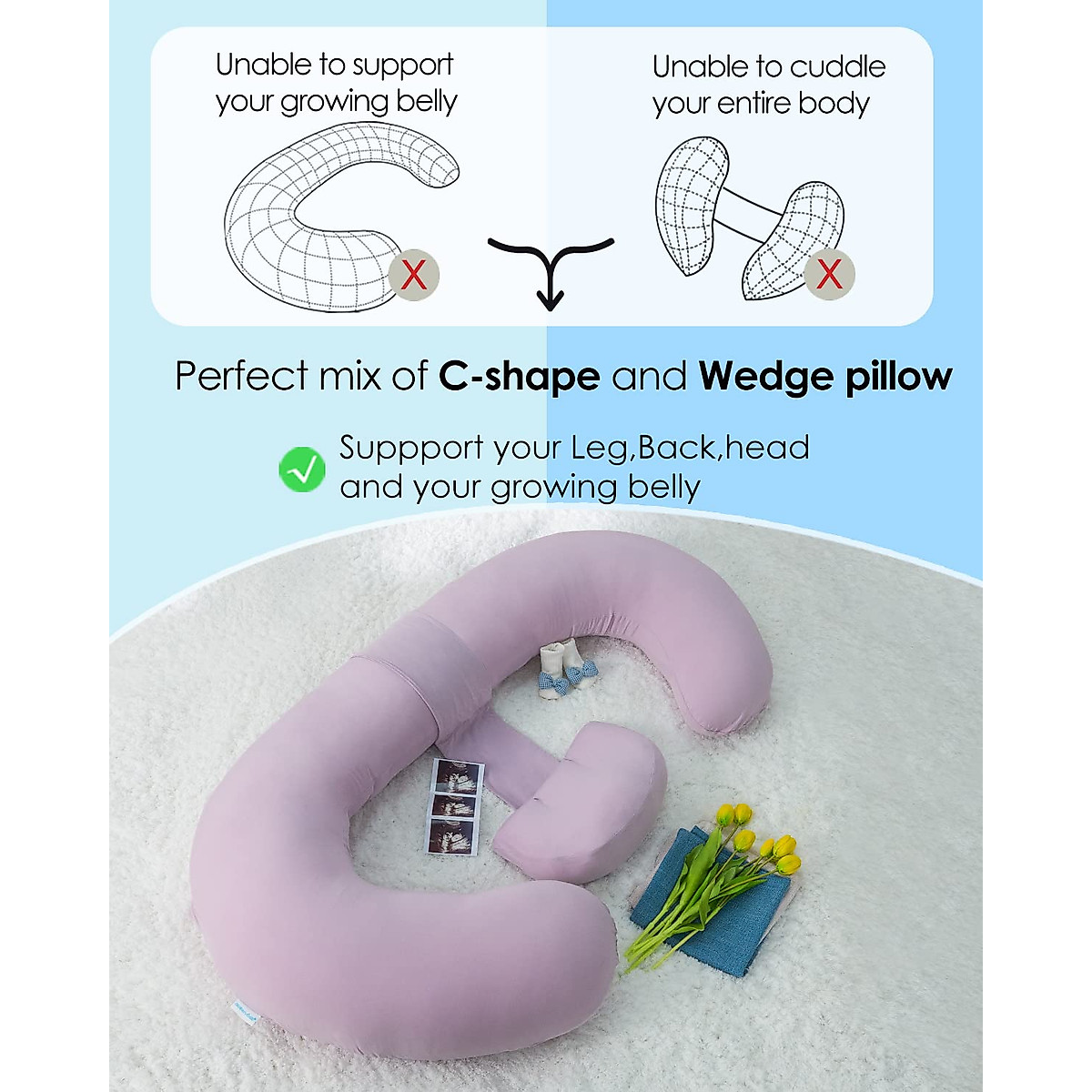 QUEEN ROSE Cooling Pregnancy Pillows,E Shaped Full Body Pillow for Sleeping, with Pregnancy Wedge Pillow for Belly Support, 60 Inch Maternity Pillow for Side Sleeper, Cooling Rayon Cover, Purple