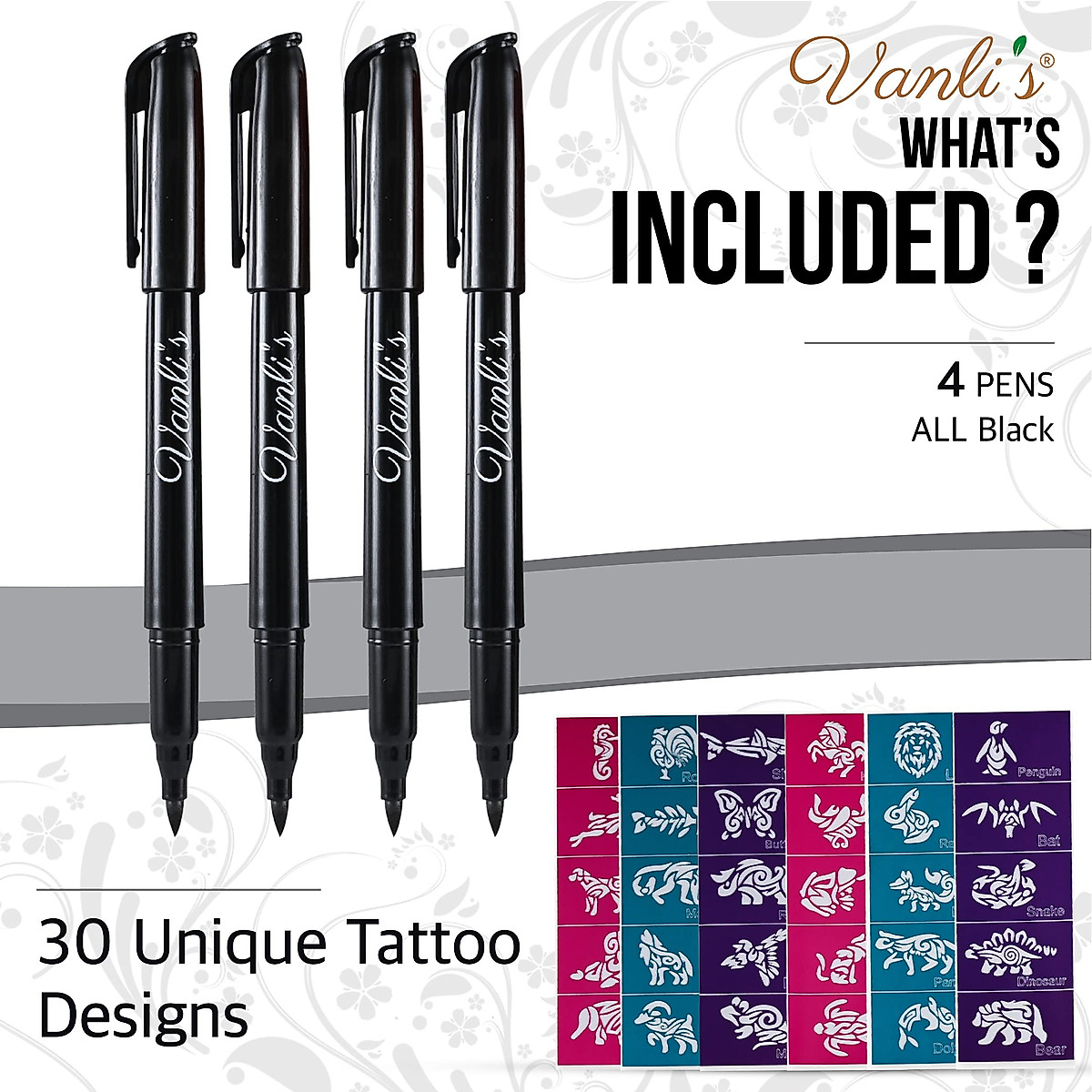 Vanli's Temporary Tattoo Markers for Skin With 30 Unique Tattoo Stencils. Black Tattoo Pens for Skin Temporary. Skin Safe, Great Stocking Stuffer For Kids, Teens and Adults