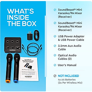 SoundBeast Wireless Karaoke & PA Mixer System - Includes 2 Wireless Microphones & 1 Mini Mixer - Bluetooth, Aux, Optical Input - Optical & Aux Output