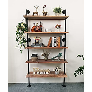 Anynice 5 Tier Industrial Ladder Shelf Bookcase, Wall Mounted Wood Metal Pipe Rustic Bookshelf for Living Room (Weathered Brown, 10" D x 36" W x 70" H)