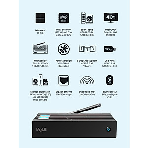 MeLE Fanless Mini PC Computer PCG35 J4125 8GB 128GB Windows-11-Pro Micro PC Support M.2 NVMe SSD 2.5" HDD/SSD 2X HDMI 4K +1x VGA Triple Display WiFi 6 Gigabit Ethernet BT5.2 on Business Office Home