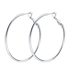 Rugewelry 925 Sterling Silver Post Hoop Earrings,18K White Gold Plated Polished Rounded Hoop Earrings For Women, Gift Box Packaging