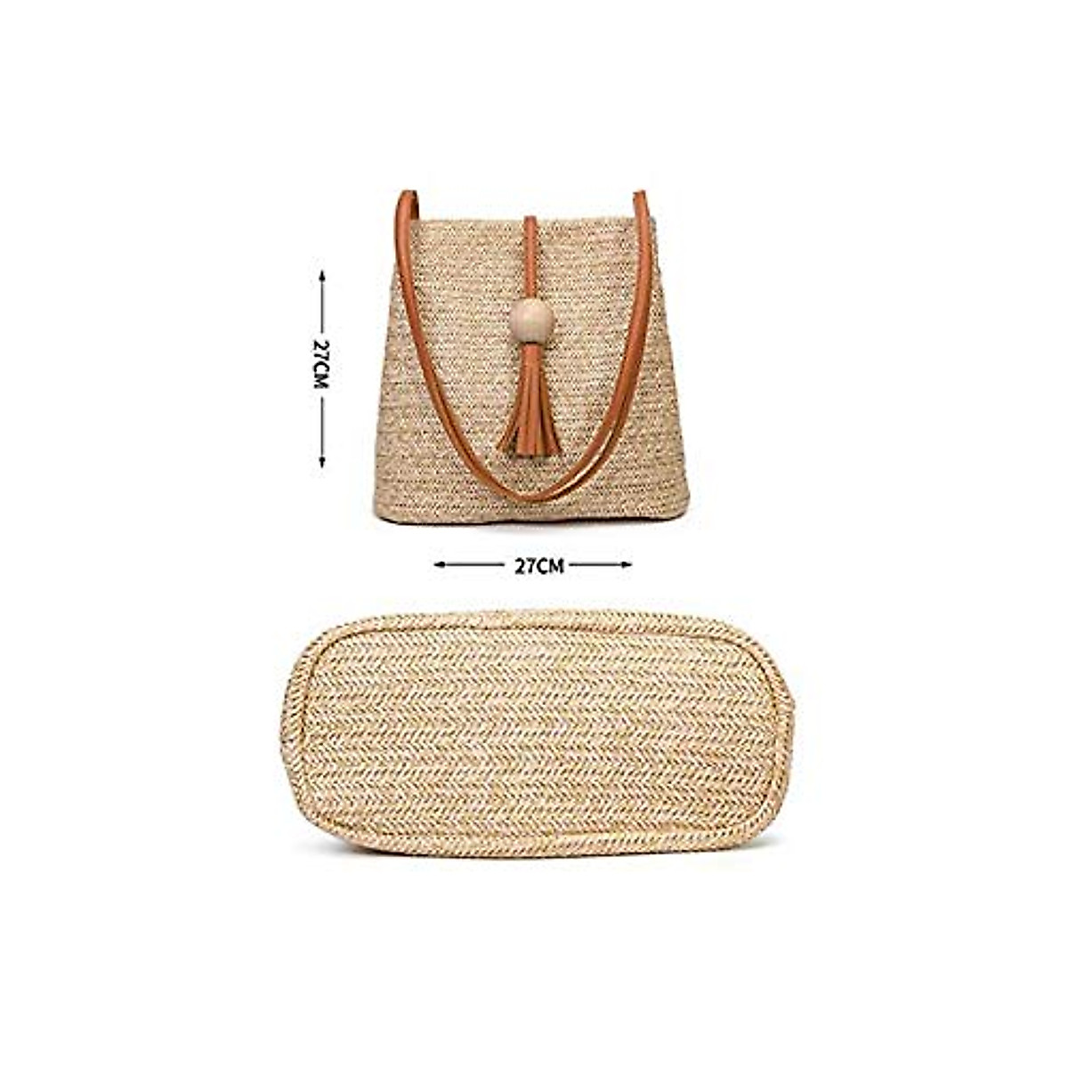 COPYLOVE Handle Straw Bag, Women's Summer Bucket Bag Shoulder Straw Wooden Ball Fringe Messenger Bag Hot (#2)