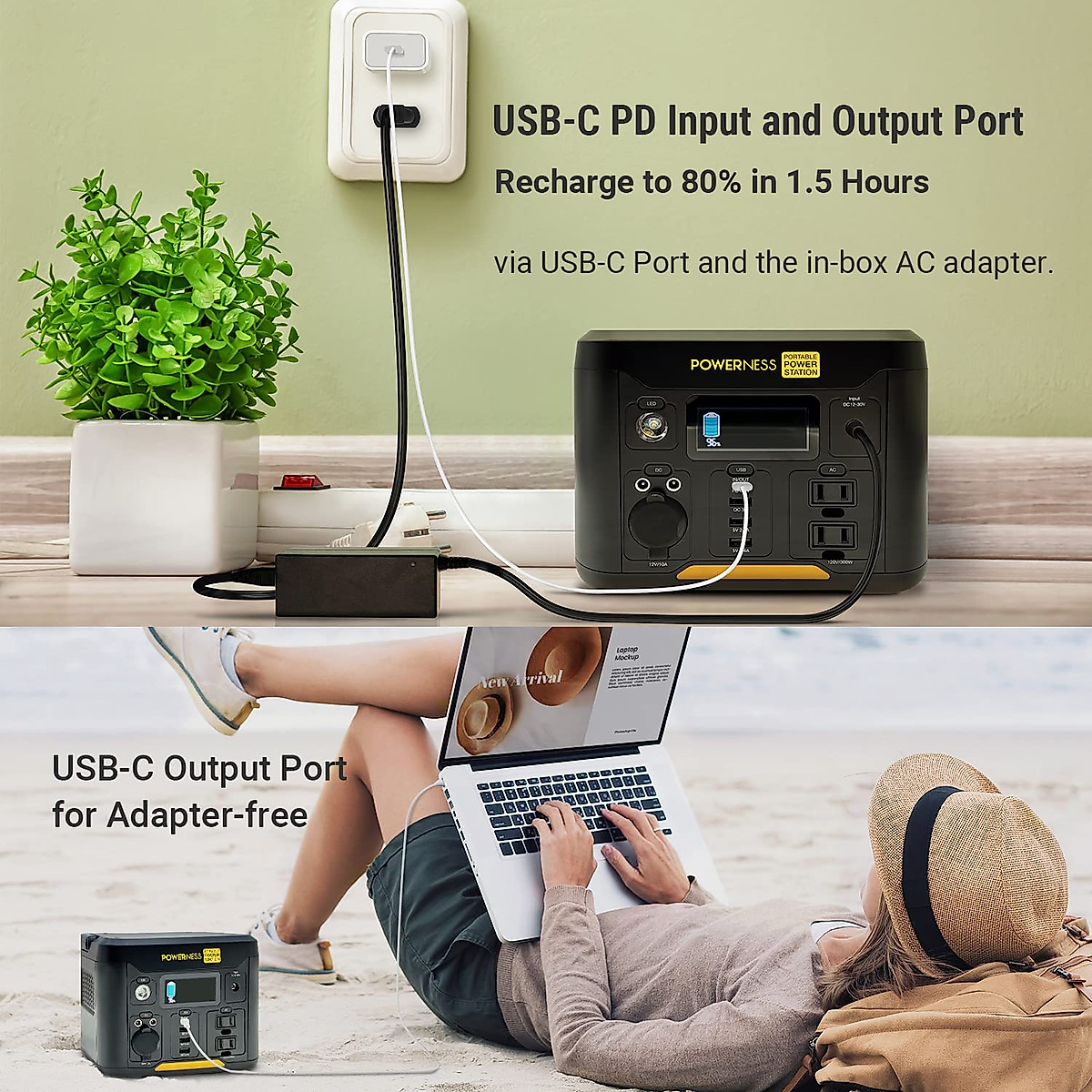 Powerness Solar Generator 300 Portable Power Station 296Wh with 80W Portable Solar Panel, Battery Powered Generator with 2x300W AC Outlets (Surge Power 600W) and PD 60W In/output for Outdoor Camping