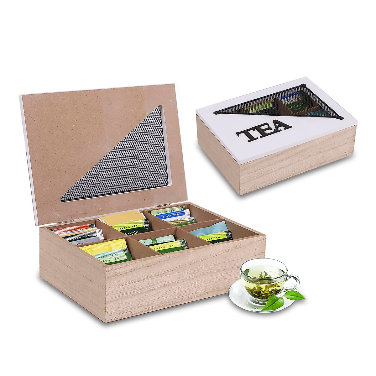 Wooden Tea Bag Organizer，Tea Organizer for Tea Bags，6 Compartments Tea Box Organizer，Tea Bag Holder Organizer,Tea Storage Box for Office Kitchen Cabinet
