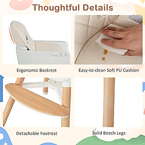 BABY JOY Baby High Chair, 6 in 1 Convertible Wooden High Chair for Babies & Toddlers with Adjustable Legs, Double Removable Tray, Safety Harness & Waterproof PU Cushion (Beige)