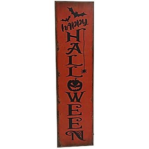Haunted Hill Farm 45-in. Happy Halloween Porch Leaner Sign with LED Lights, Battery Operated, Festive Holiday Decor, Jack-O-Lantern, Bats in Orange & Black