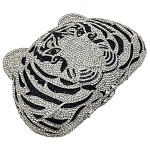 Boutique De FGG Tiger Clutch Purse for Women Evening Bags Formal Party Prom Rhinestone Handbags and Purses (Silver)