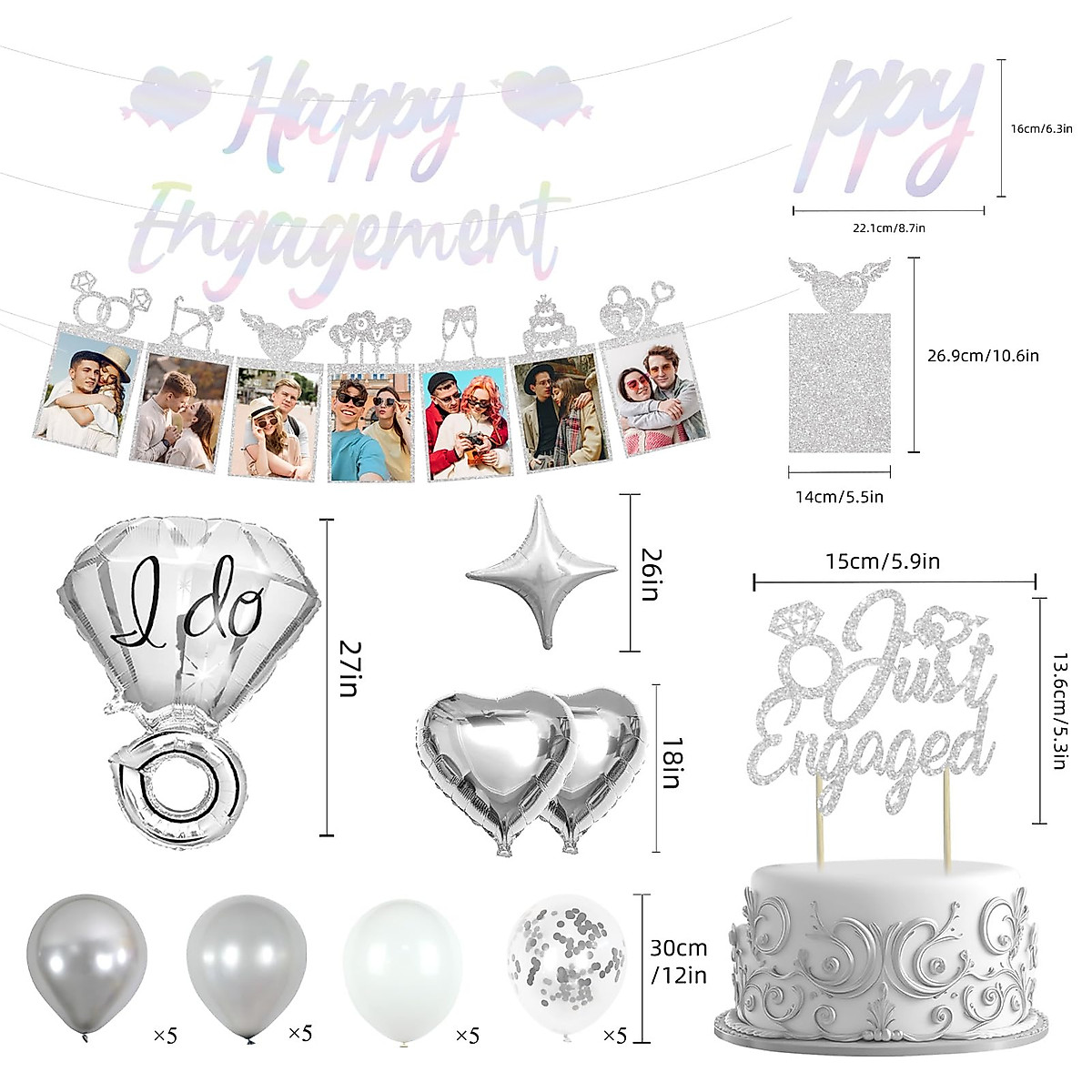 Trgowaul Engagement Wedding Decorations, Silver Happy Engagement Banner with 7PCS Photo Banner for Bridal Shower, Ring Foil Balloon, Just Engaged Cake Topper Bridal Shower Supplies