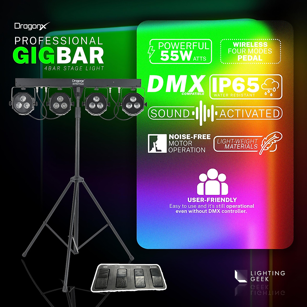 DragonX 4 Gigbar DJ Stage Light Stands with DMX LED, Mobile DJ Lighting Packages, Par Can Spotlight, Sound Activated Strobe for Party, Wedding, Church, DJ Stand for Lights