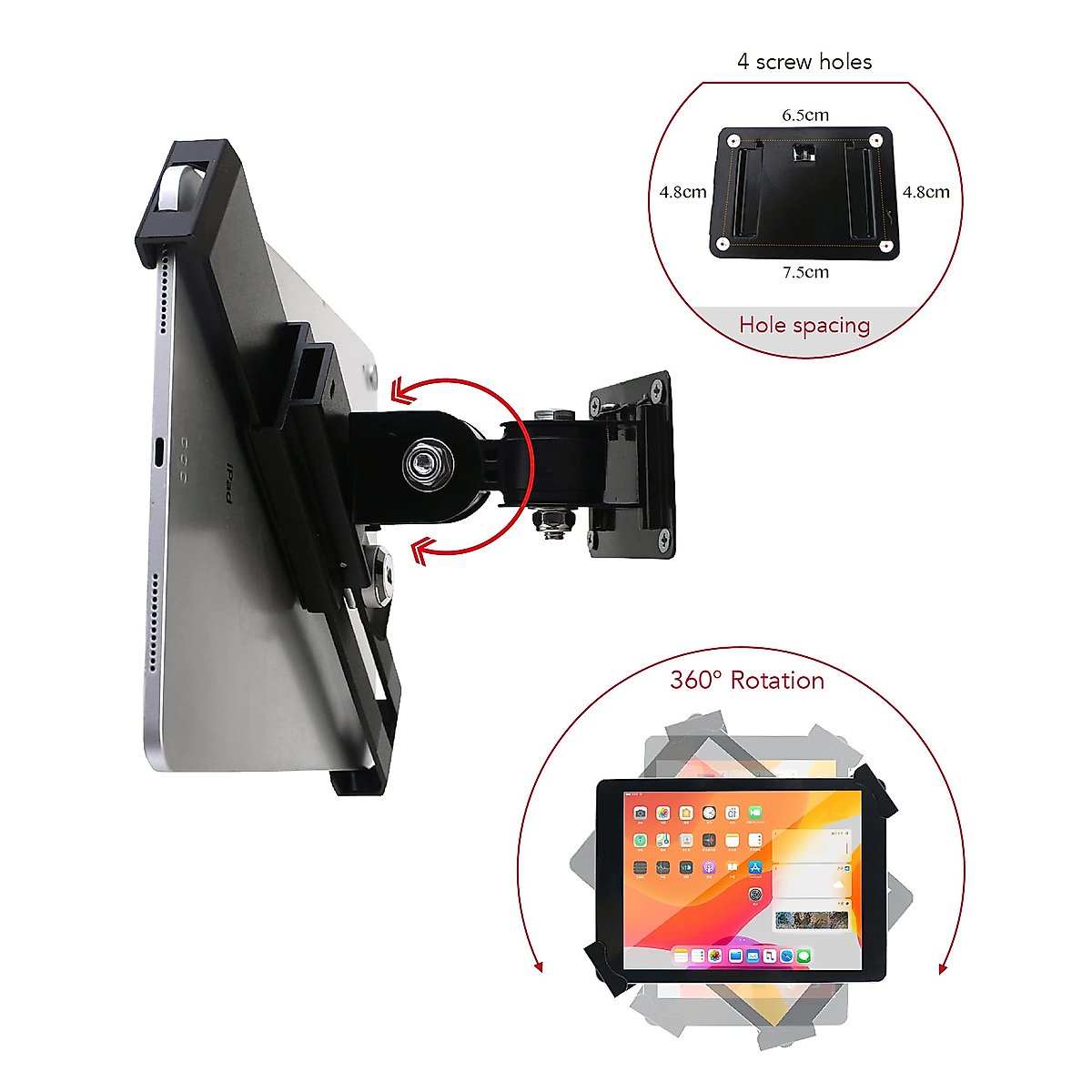 WeSTRUGGLE Tablet Wall Mount Holder with Lock and Key, Rotate Design Arbitrary Adjustment,Multi Angle,Bracket for Most 8 to 10.4 Inch,and for iPad Air &10.2,10.9,Pro 11 Galaxy tab,and More (Black)