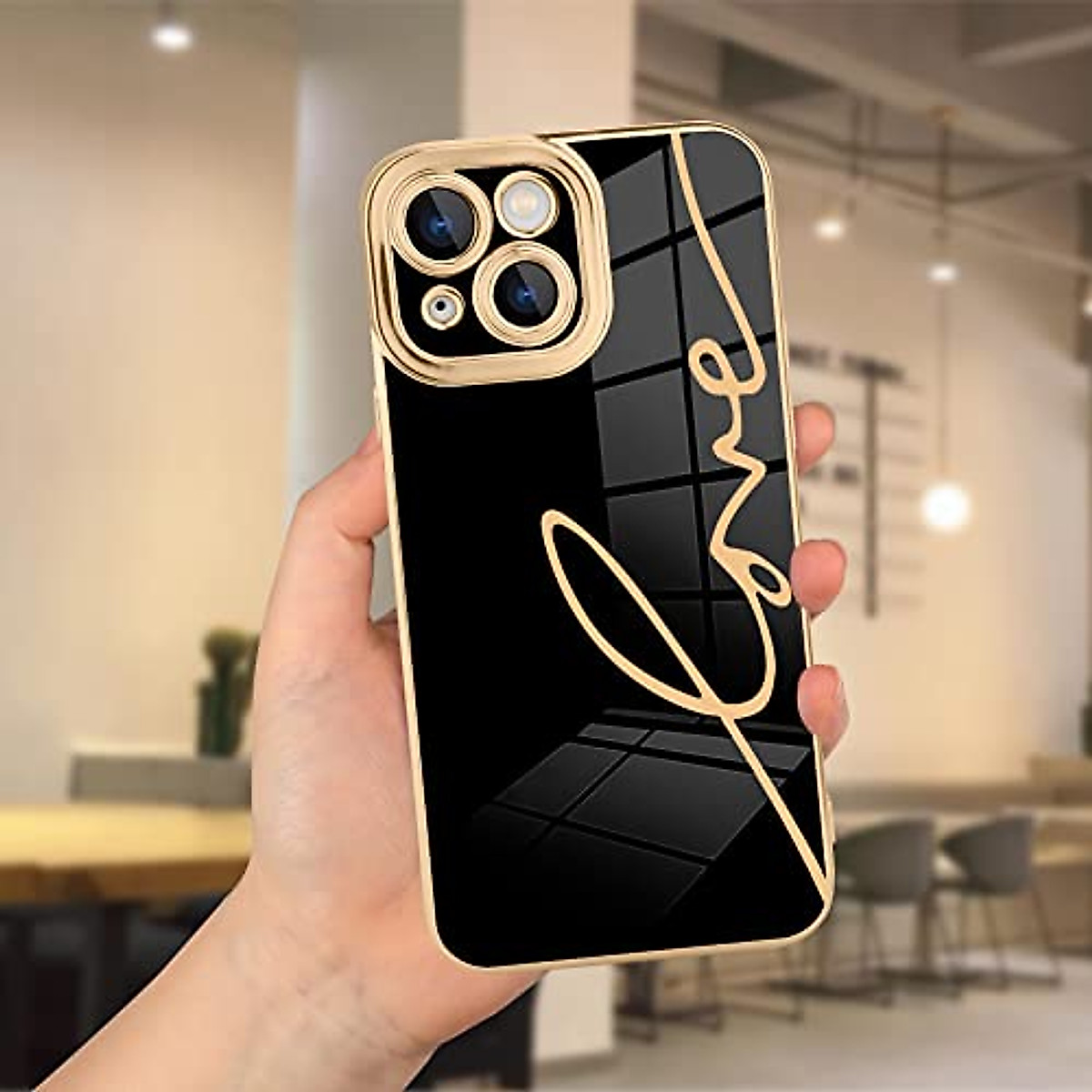 Bonoma Compatible with iPhone 14 Plus Case Love Letter Graphic Plating Electroplate Luxury Elegant Case Camera Protector Soft TPU Shockproof Protective Back Cover iPhone 14 Plus Case -Black