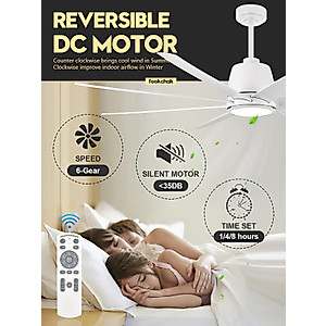 FookChak 65in White Large Ceiling Fan with Lights Remote Control 8-Blade Outdoor Ceiling Fan Light for Patio, Multi-speed Reversible Airflow for Garage Home Office Gym Room Living Room Bedroom