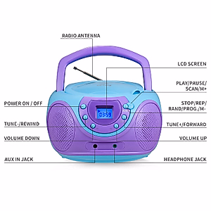 hPlay Gummy P16 Portable CD Player Boombox AM FM Digital Tuning Radio, Aux Line-in, Headphone Jack, Foldable Carrying Handle (Violet)