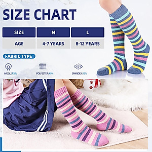 Kids Ski Socks Merino Wool Winter Warm Thermal Hiking Snowboarding Knee High Heavy Boot Socks for Toddler Boys Girls 2 Pairs(Stripe-01, 4-7 Years)