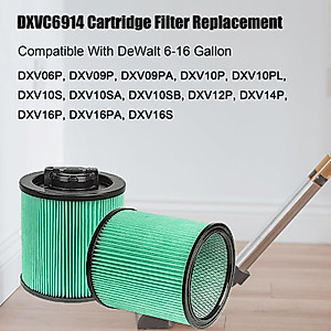 2 Pack DXVC6914 HEPA High Efficiency Cartridge Filter Fit for Dewalt 6-16 Gallon Wet/Dry Vacuum Cleaners DXV06P DXV09P DXV10P DXV10PL DXV10SA DXV12P DXV14P DXV16P