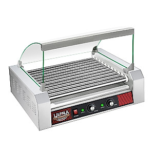11 Roller Hot Dog Machine with Tempered Glass Cover – Countertop Hot Dog Roller Makes Up to 30 Hotdogs, Brats, or Sausages by Great Northern Popcorn