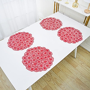 Floral Placemats Wipeable Vinyl Placemats 15 Inch Round Place Mats Farmhouse Kitchen Table Mats Heat Resistant Washable Pressed Vinyl Dining Table Mats Wedding Anniversary Decoration, Red